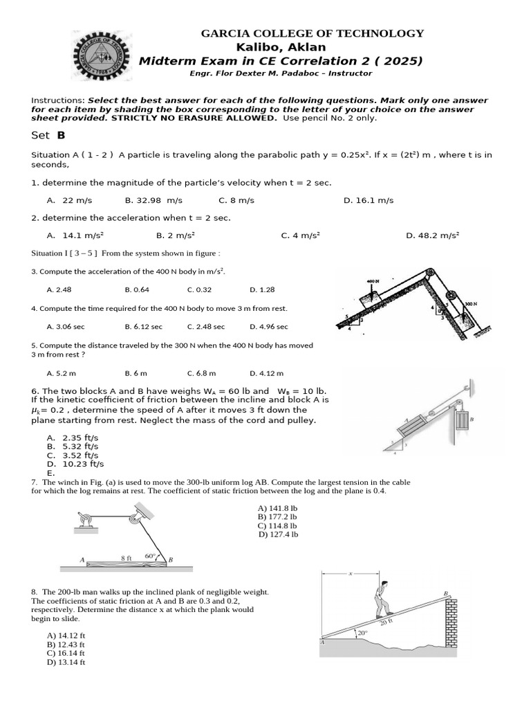 Midterm Exam in Correlation 2 (2023) (Set B) | PDF | Force | Friction