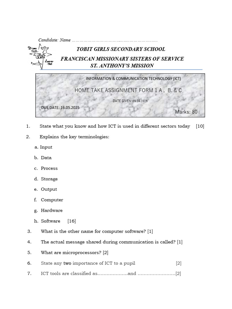 Home Assignment One Ict Form One (1) 2025 | PDF | Educational ...