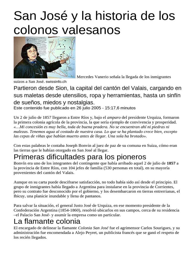 San José y La Historia de Los Colonos Valesanos | PDF