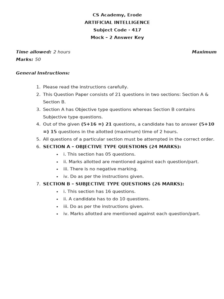 Grade 10 ARTIFICIAL INTELLIGENCE Mock 2 - Answer key | PDF | Comma Separated Values | Semantics