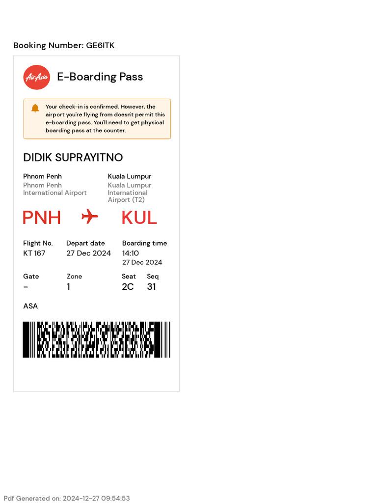 E-Boarding Pass: Booking Number: GE6ITK | PDF