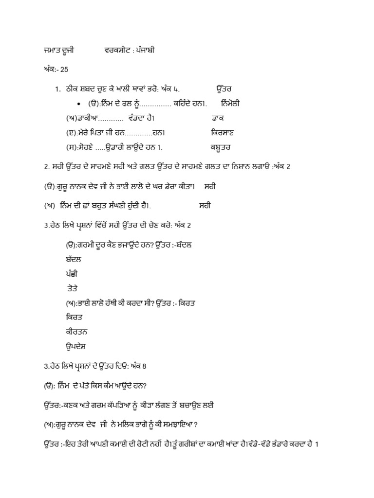 Answer Key Punjabi Class 2nd | PDF