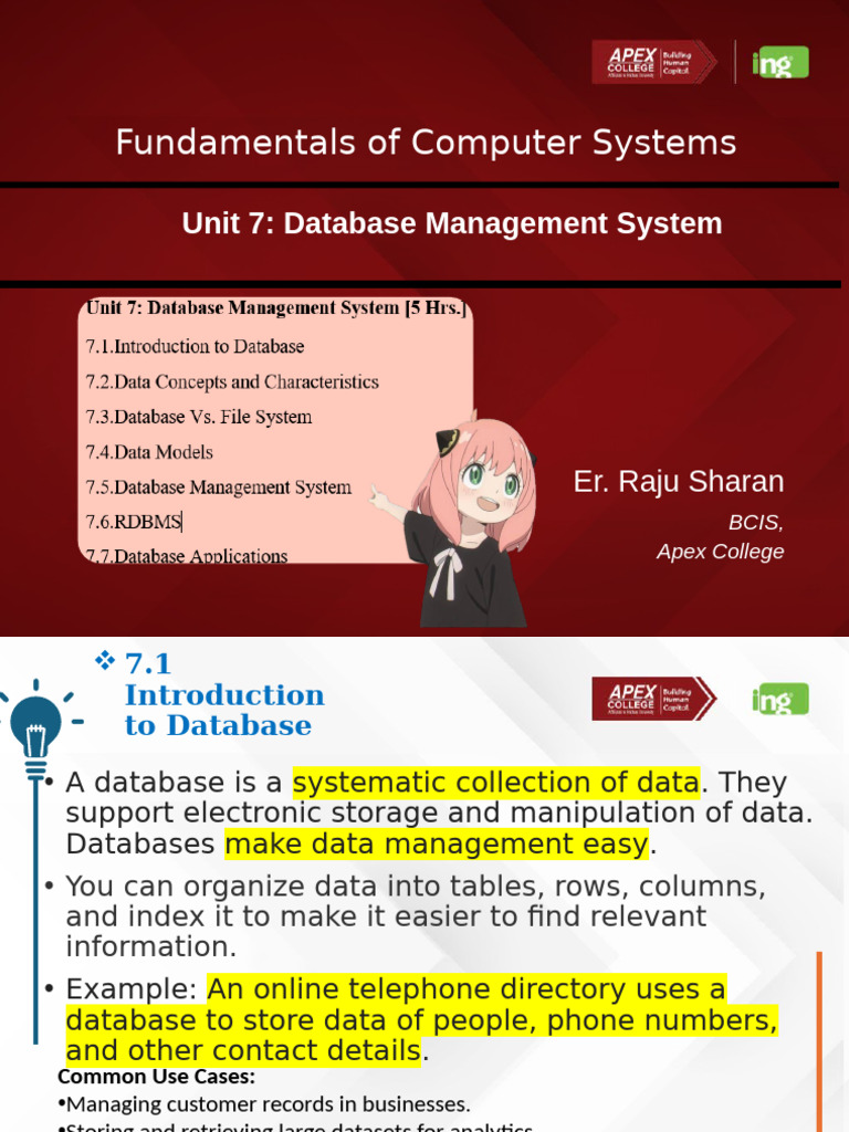 Fundamentals of Computer Systems: Unit 7: Database Management System | PDF | Databases ...