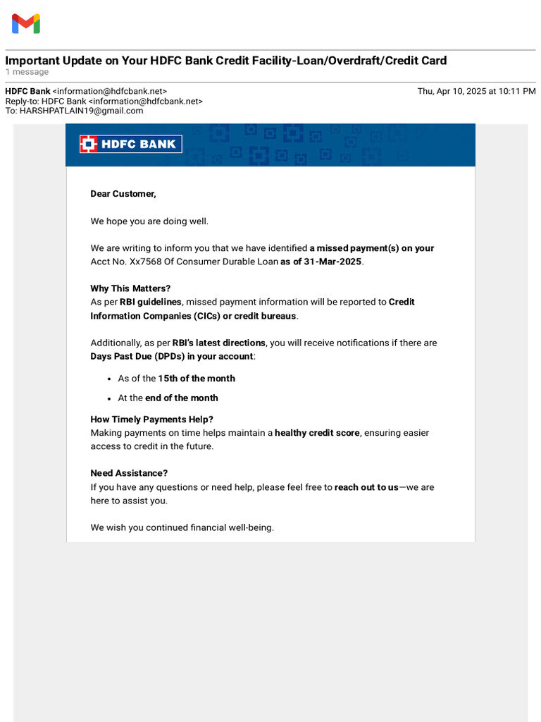 Gmail - Important Update On Your HDFC Bank Credit Facility-Loan - Overdraft - Credit Card | PDF