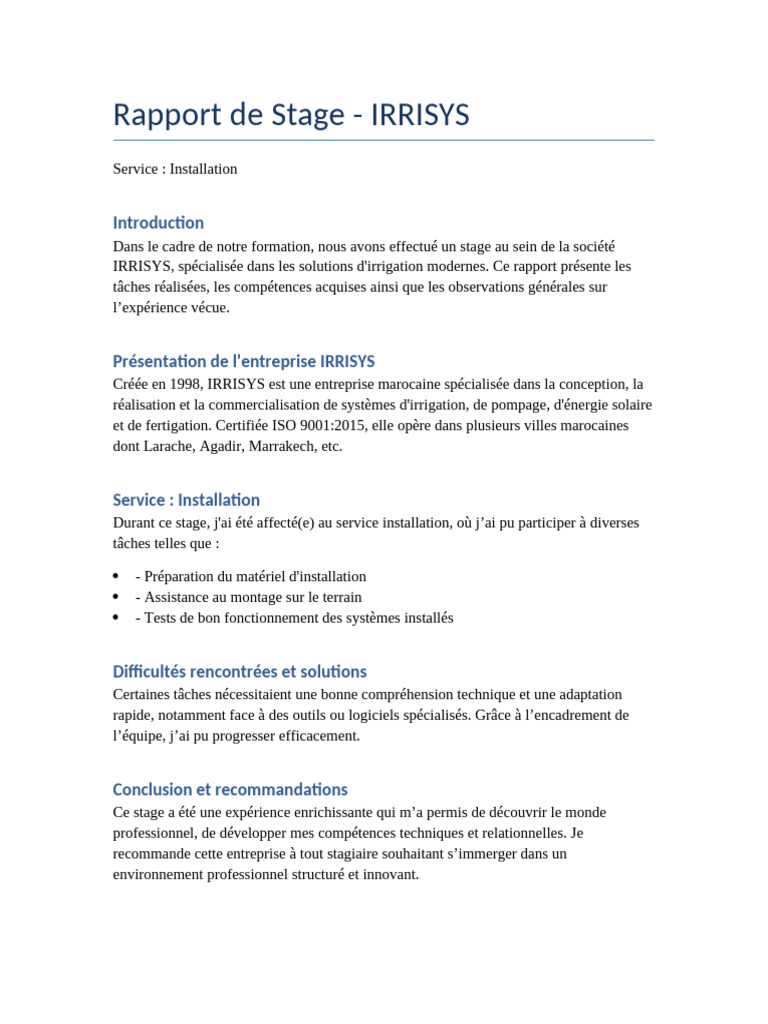 Rapport de Stage chez IRRISYS : Installation | PDF
