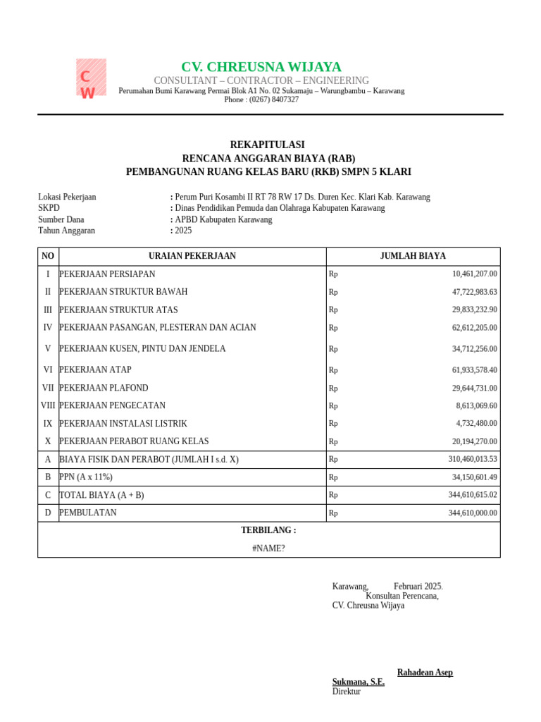 RAB Pembangunan Ruang Kelas Baru SMPN 5 Klari APBD Kab. Karawang T.A ...
