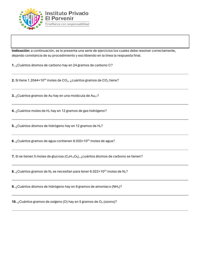 Hoja de Trabajo de Número de Avogadro y Concepto de Mol | PDF