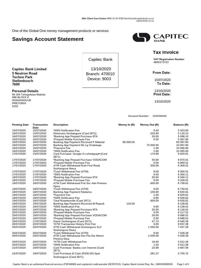 Capitec New Account Statement X2 2021 | PDF | Debit Card | Stored Value Card