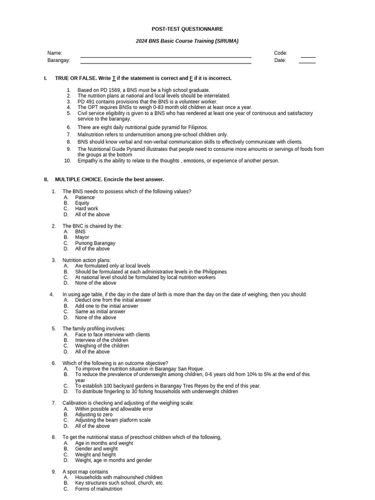 Pre Test Questionnaire-Bns Basic Course 2023-English | PDF ...