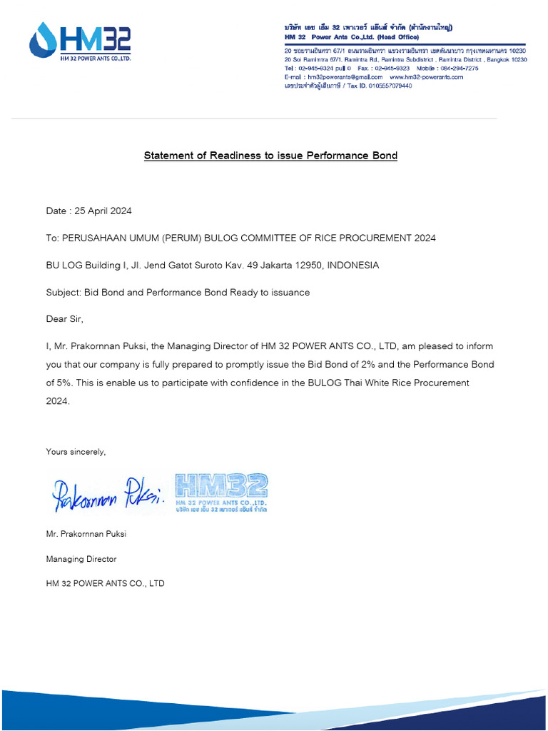 Statement of Readiness of Thai Rice-HM32 | PDF