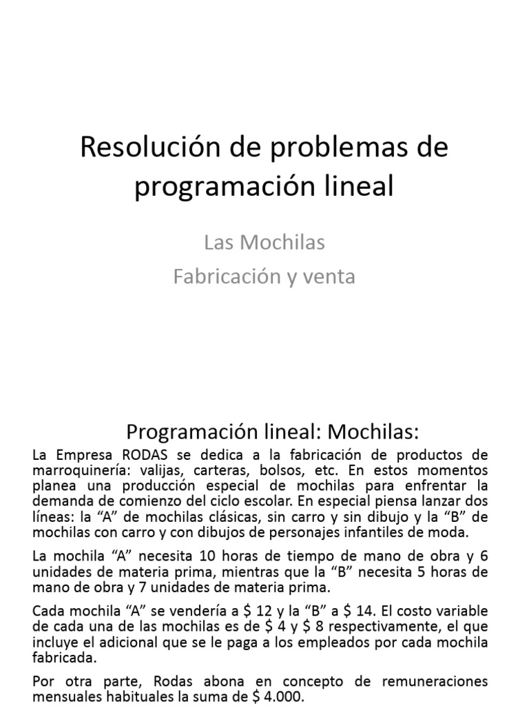 Ejercicio Mochilas - Resolucion de Problemas de Programacion Lineal | PDF | Programación lineal ...