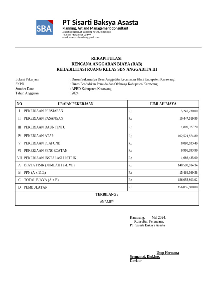 RAB Rehabilitasi Ruang Kelas SDN Anggadita III APBD Kab. Karawang T.A ...