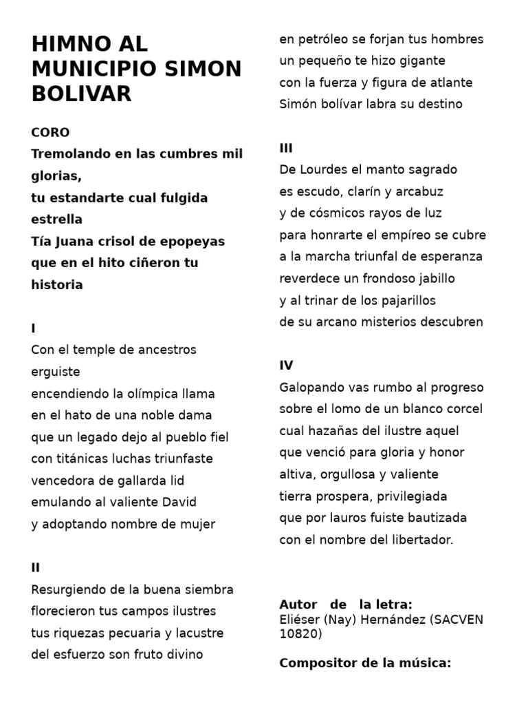 Himno Del Municipio Simon Bolivar | PDF