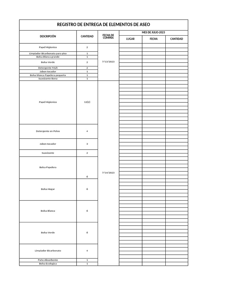 Seguimiento Elementos de Aseo | PDF
