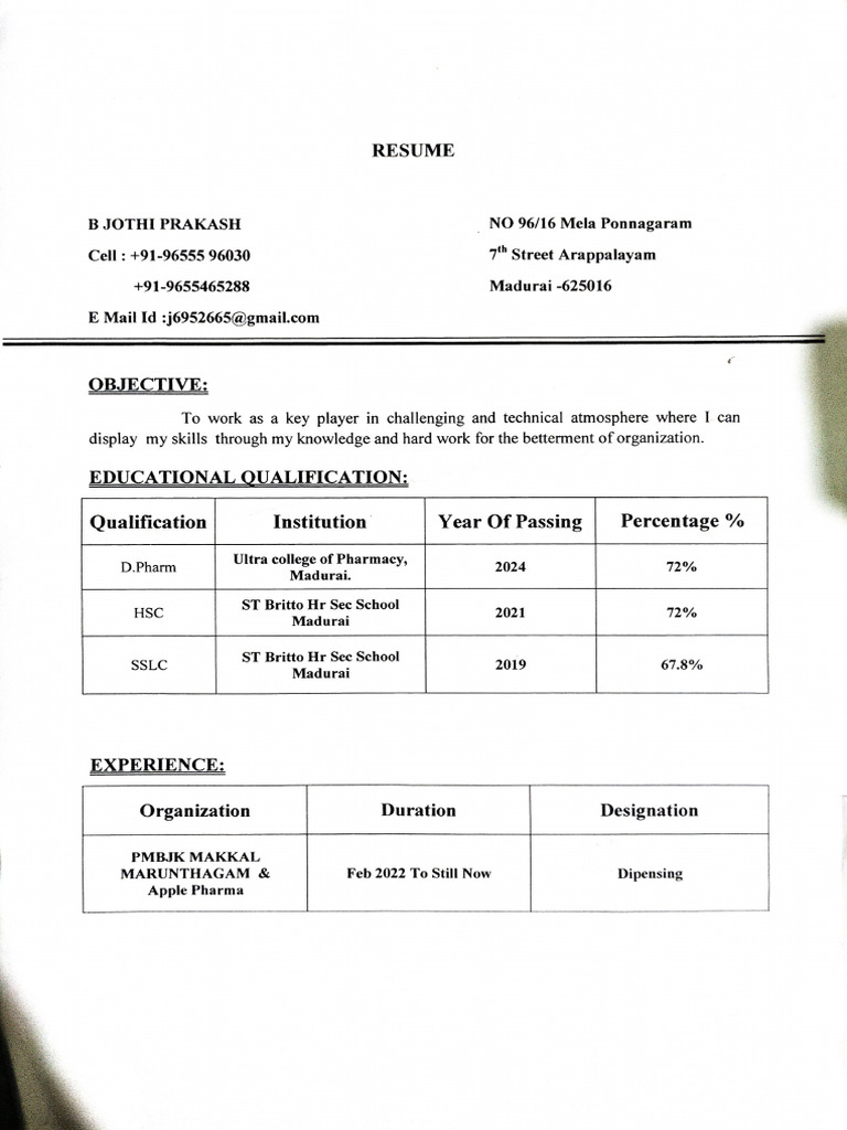Resume JOTHI PRAKASH | PDF