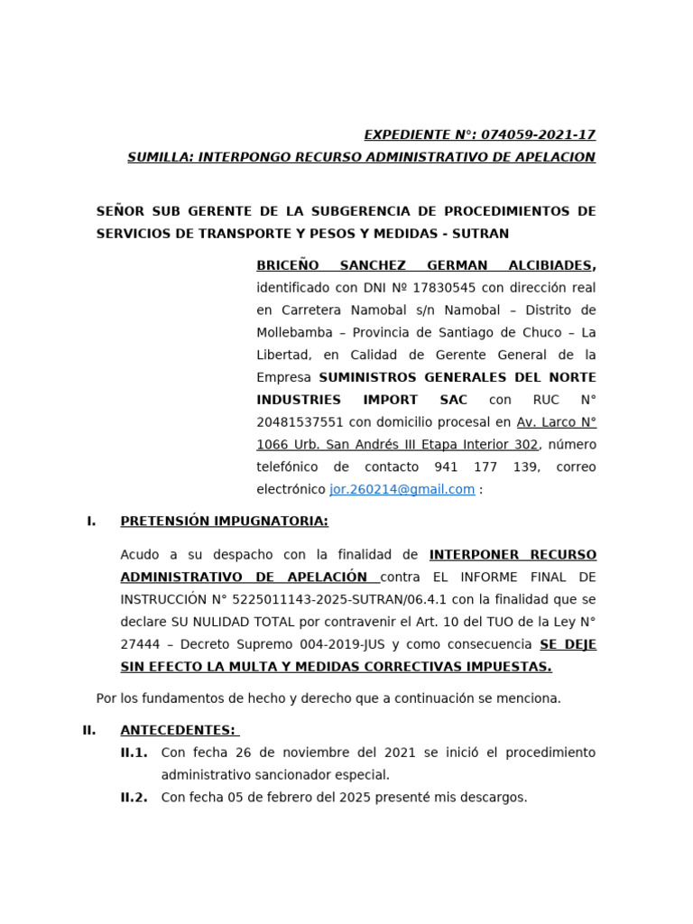 Apelación Administrativa - Briceño Sanchez German - Sutran - 2025 | PDF | Apelación | Justicia