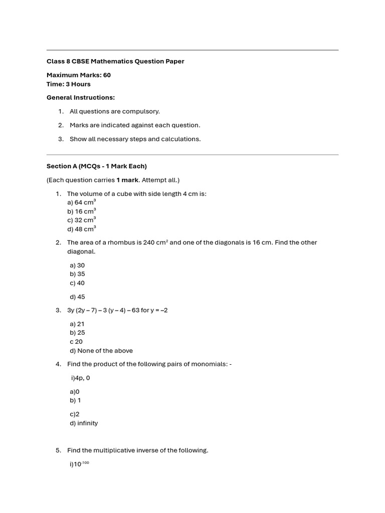 Class 8 CBSE Mathematics Question Paper | PDF