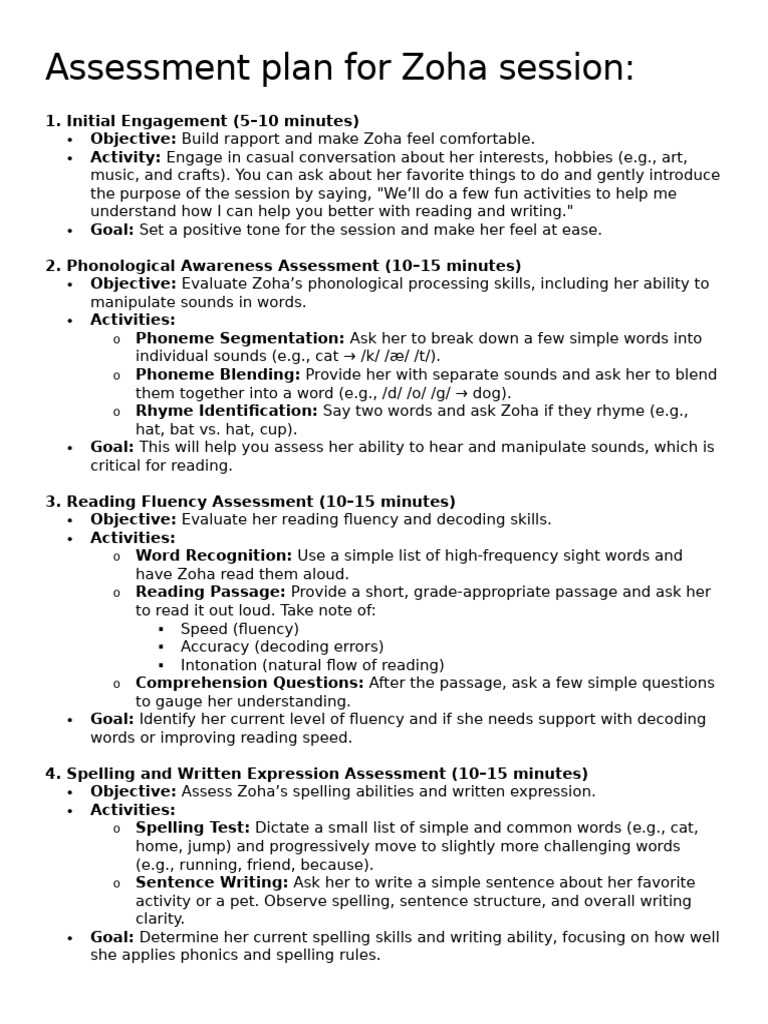 Zoha Session 1 Assessment | PDF | Reading Comprehension | Phonics