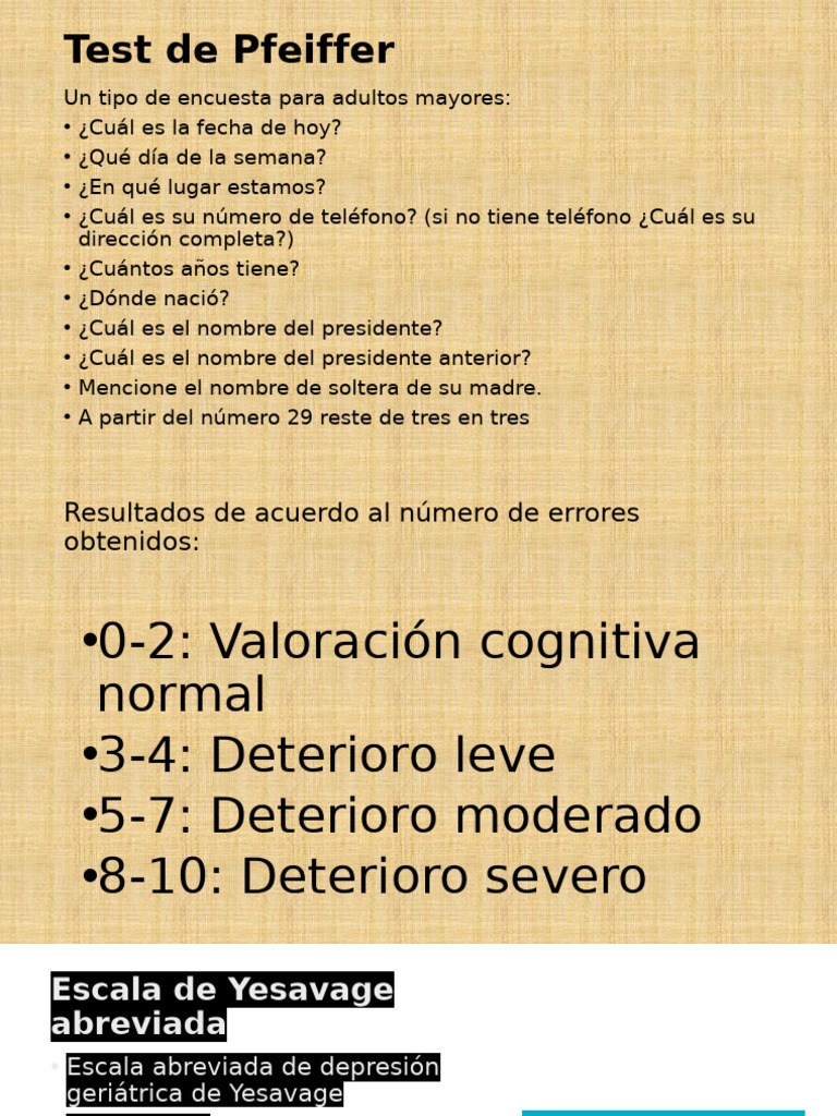 Test de Pfeiffer y Escalas de Deterioro Cognitivo | PDF