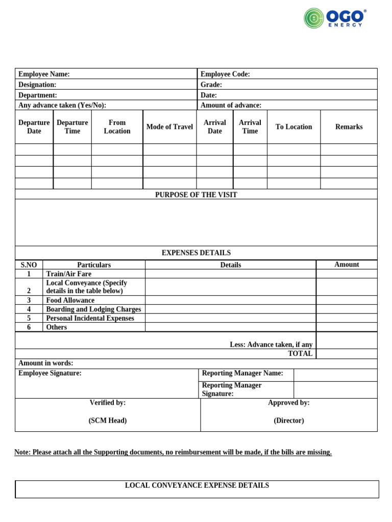Tour Expense Claim Form Template | PDF