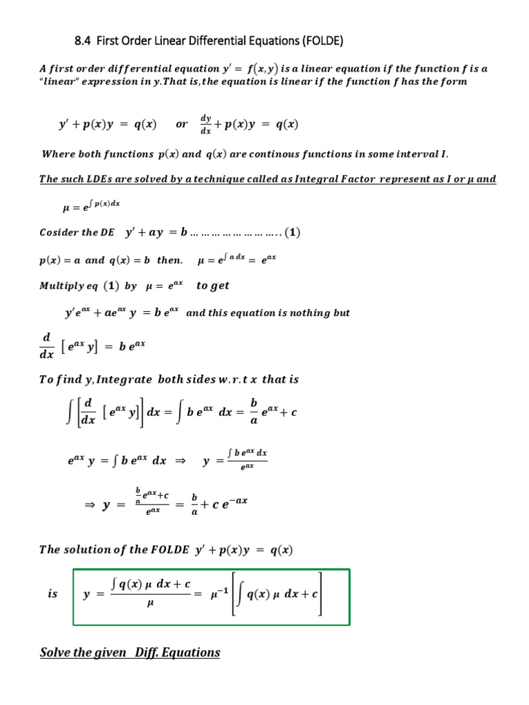 8.4 First Order Linear Differential Equations (FOLDE) | PDF