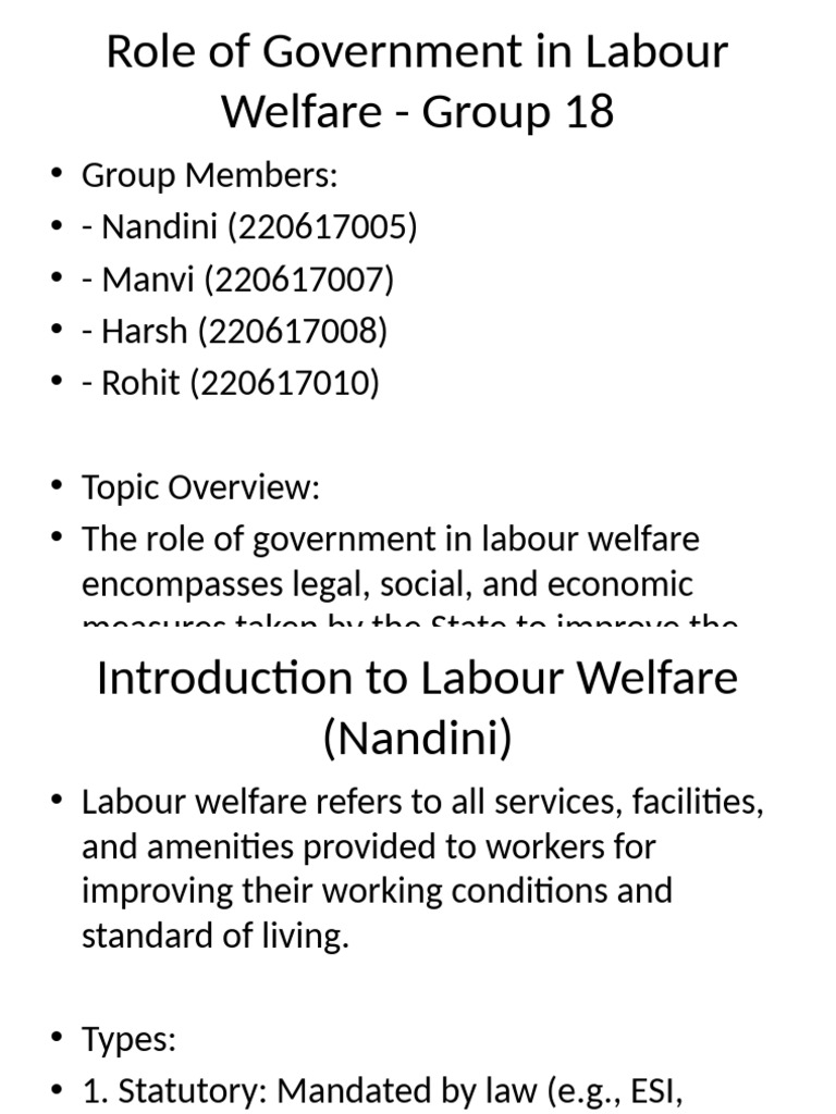 Role of Government in Labour Welfare Group18 Detailed | PDF | Business ...