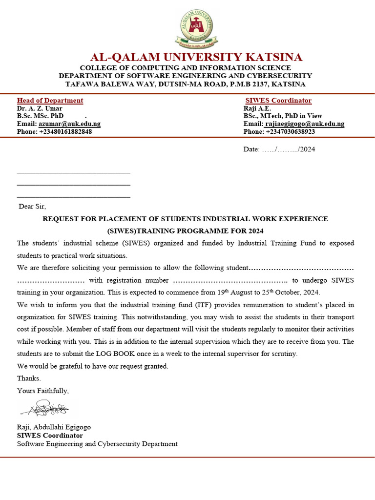 SIWES Request Letter | PDF
