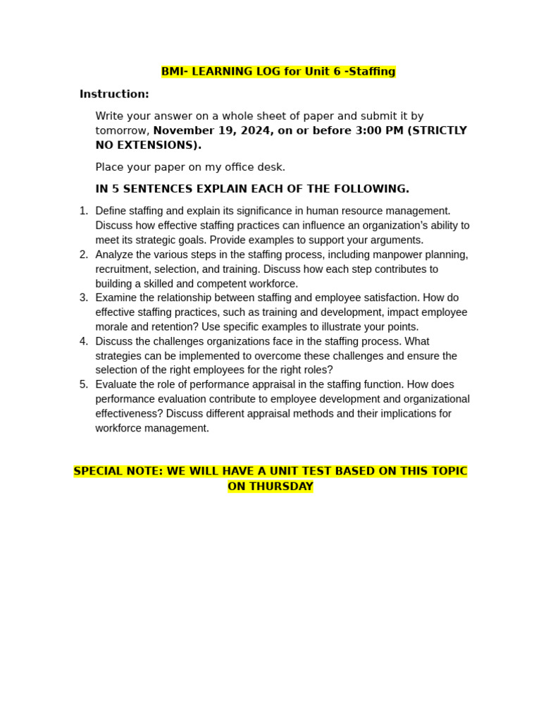 BMI-UNIT-6-LEARNING-LOG-STAFFING | PDF