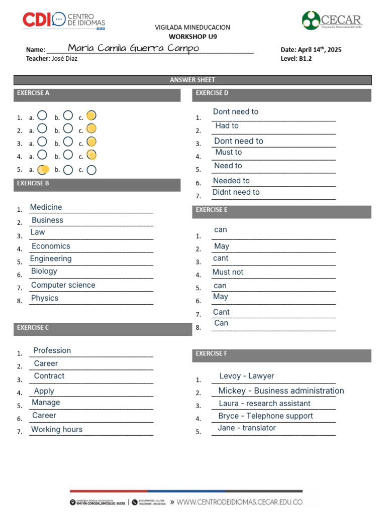 Answer Sheet U9 Workshop | PDF | Science