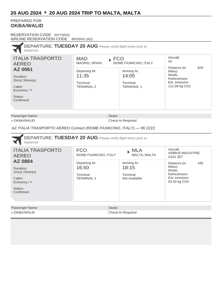 Travel Reservation August 20 For WALID OKBA | PDF | Aircraft | Aviation