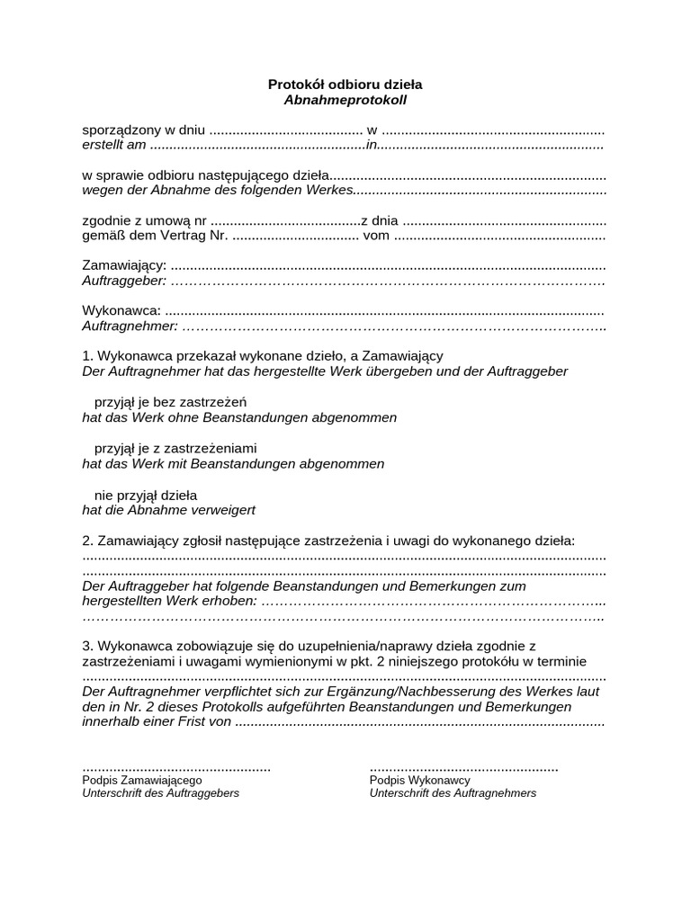 2019 Zweisprachiges Muster Abnahmeprotokoll VIZ | PDF