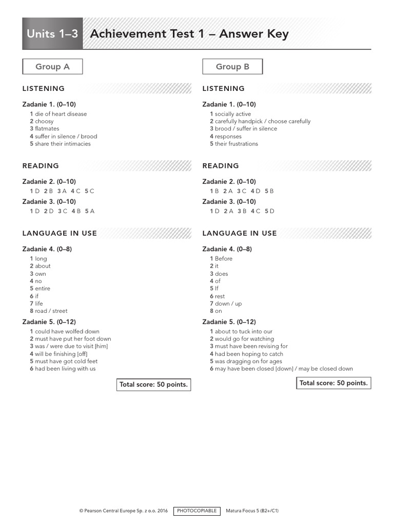 Achievement Test Units 1-3 Answer Key | PDF | Standardized Tests