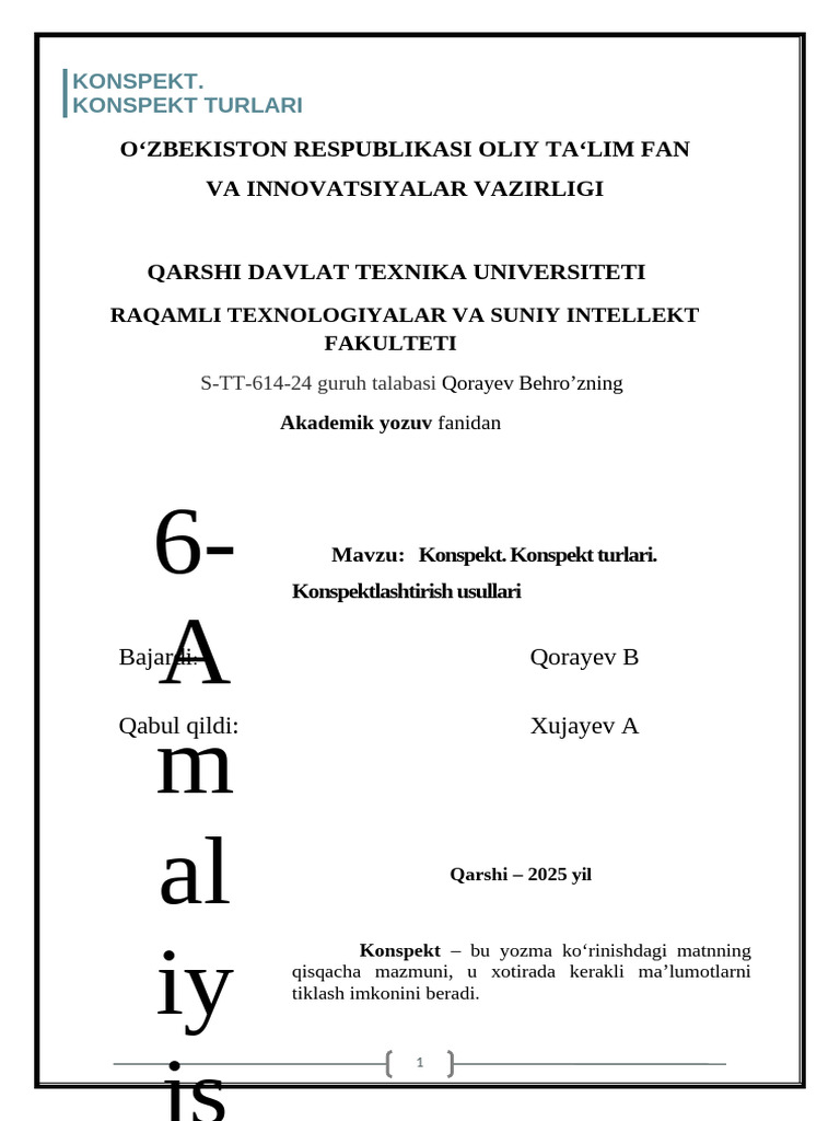 Akademik Yozuv 6-Amaliy Ish | PDF