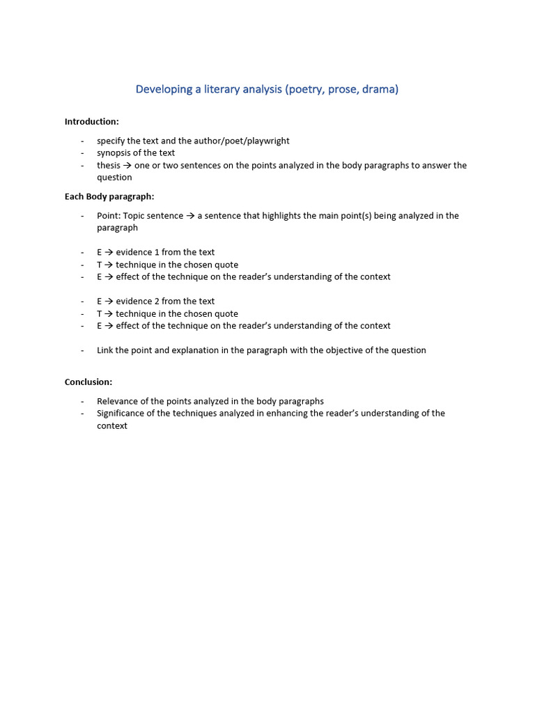 Developing A Literary Analysis (Poetry, Prose, Drama) | PDF