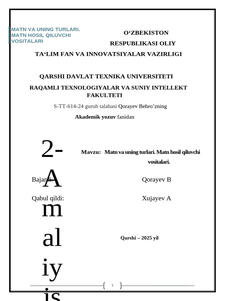 Akademik Yozuv 2-Amaliy Ish | PDF