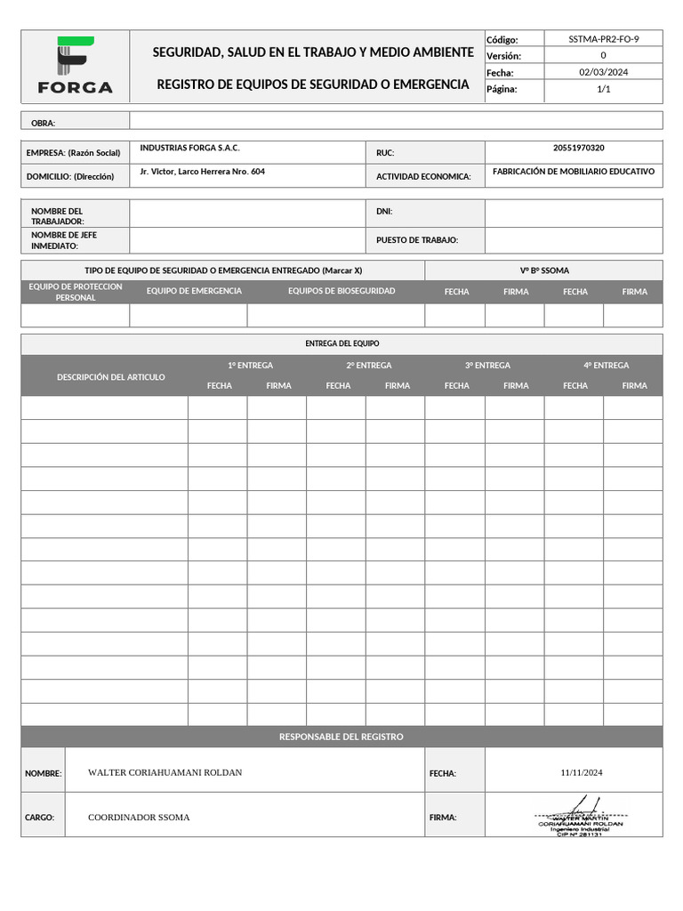 Registro de Entrega de EPPs | PDF