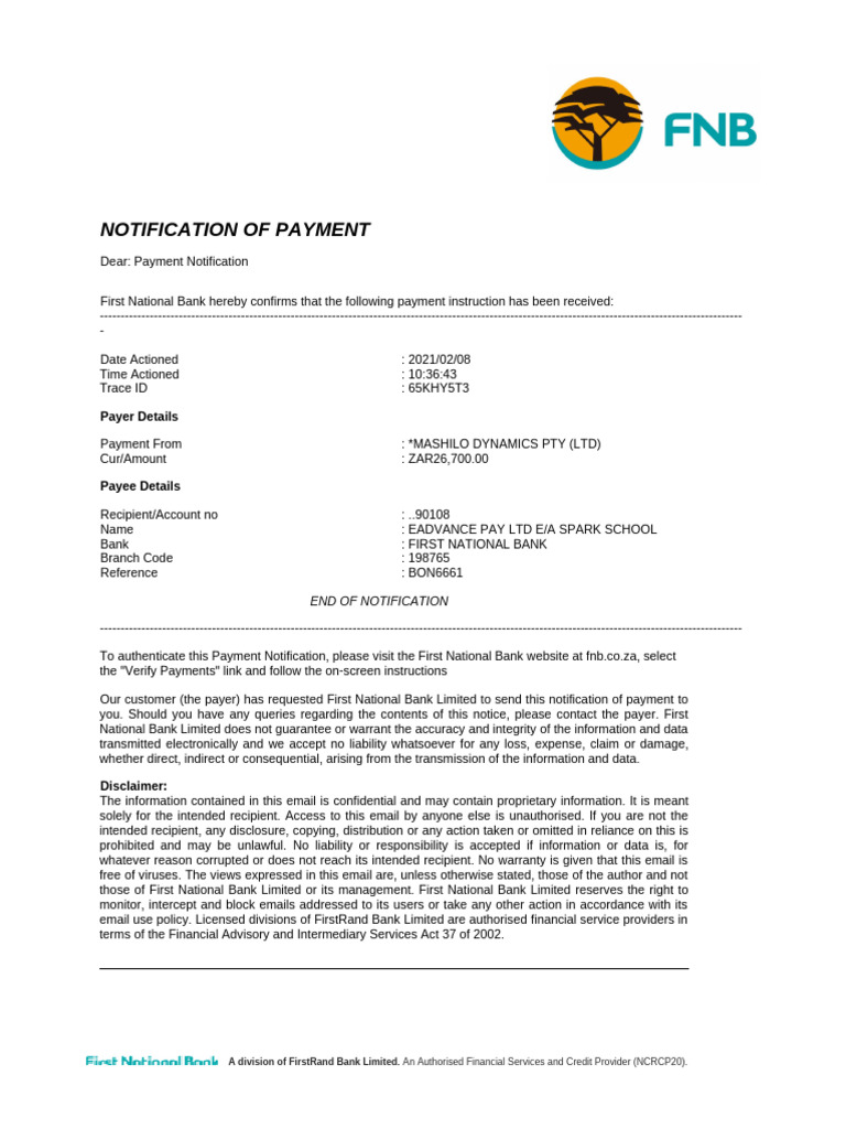 Notification of Payment. FNB Payment Proof | PDF | Payments