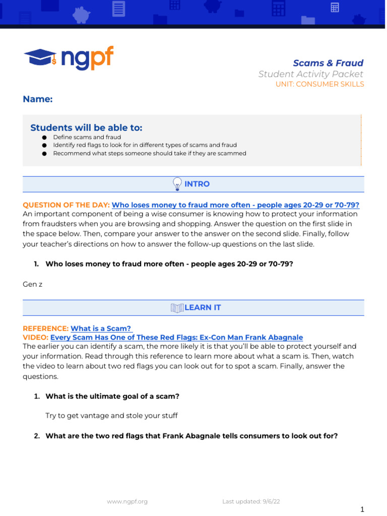 Scams & Fraud Student Activity Packet | PDF | Phishing | Multi Level ...