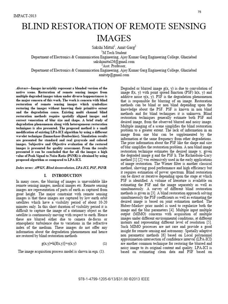 BLIND RESTORATION OF REMOTE SENSING | PDF | Signal Processing | Applied Mathematics