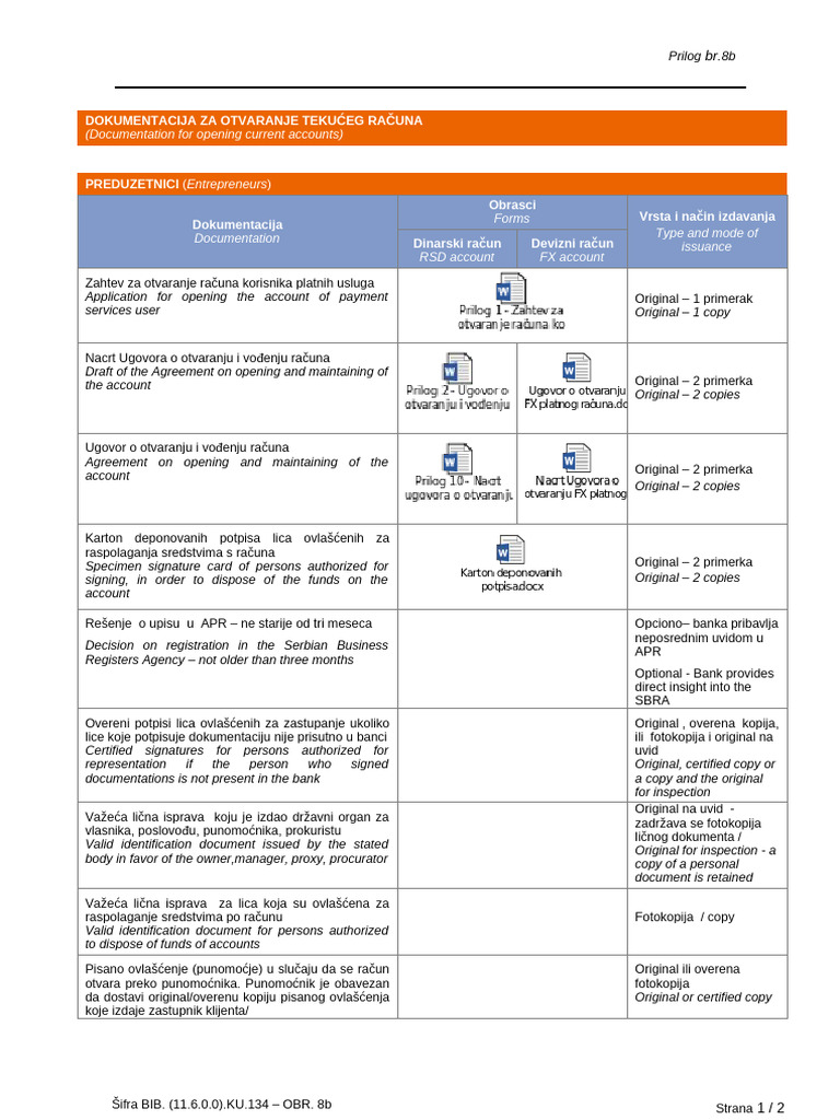 26 04 Prilog 8b Neophodna Dokumentacija Za Otvaranje Racuna ...