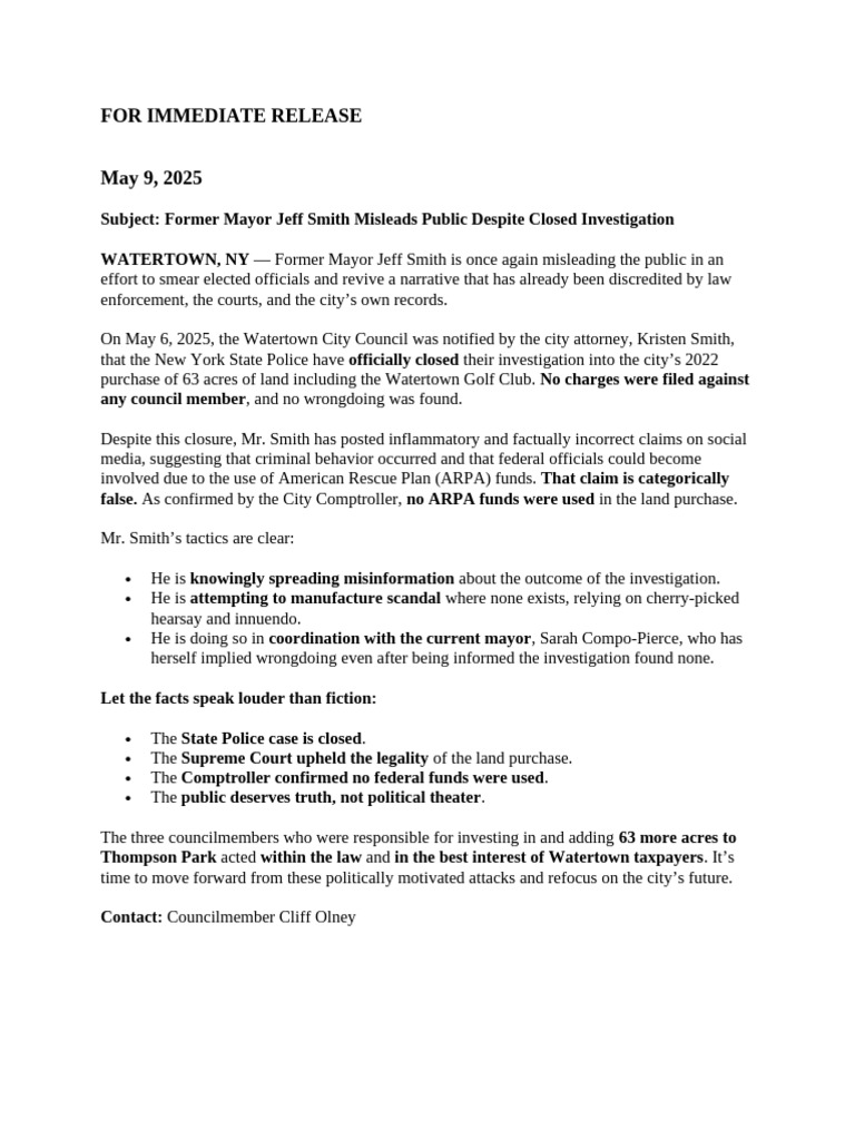 Olney Press Release On Jeff Smith Remarks On The Closing of The NYSP ...