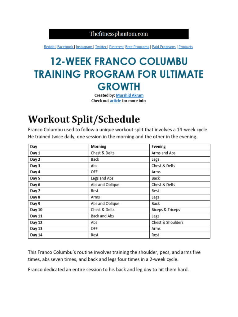 12-Week Franco Columbu Workout Plan | PDF | Strength Training | Weight ...