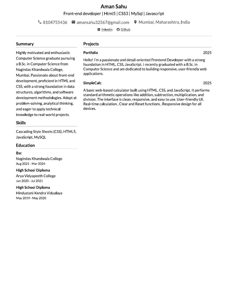 Aman_Sahu_Resume_Same_Page | PDF