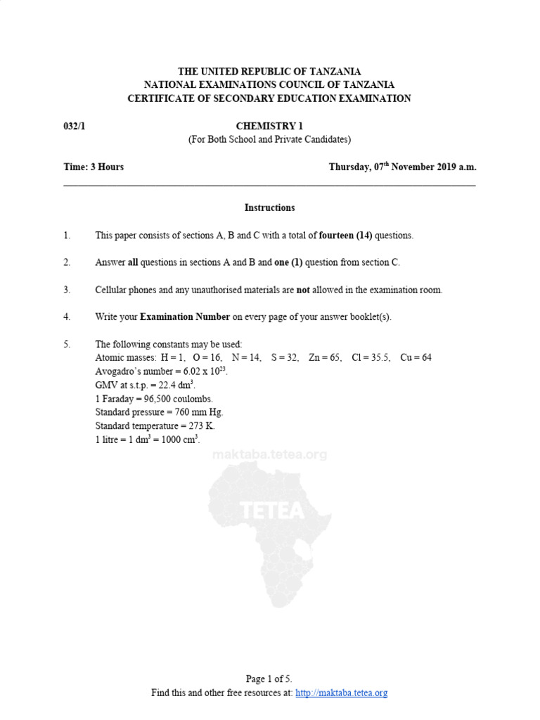 Tanzania CSEE Chemistry Exam Paper | PDF | Oxide | Chemical Equilibrium
