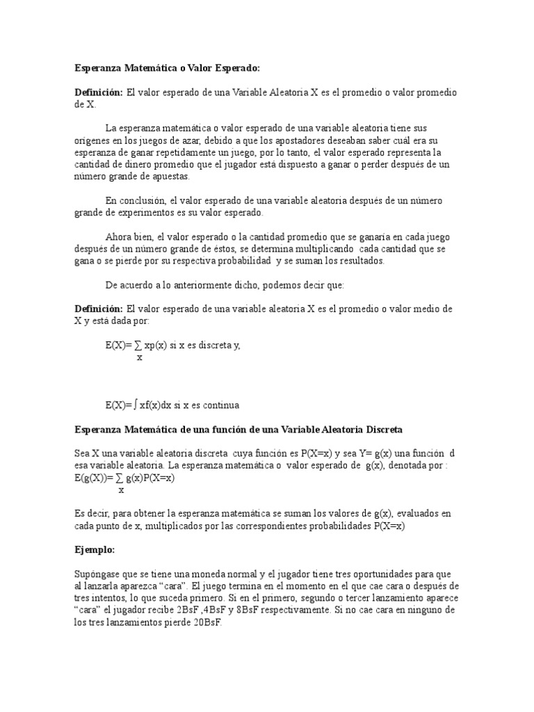 Definición y Cálculo de Esperanza Matemática | PDF | Valor esperado ...
