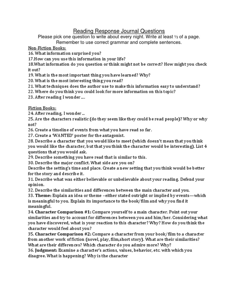 Reading Response Journal Questions | PDF