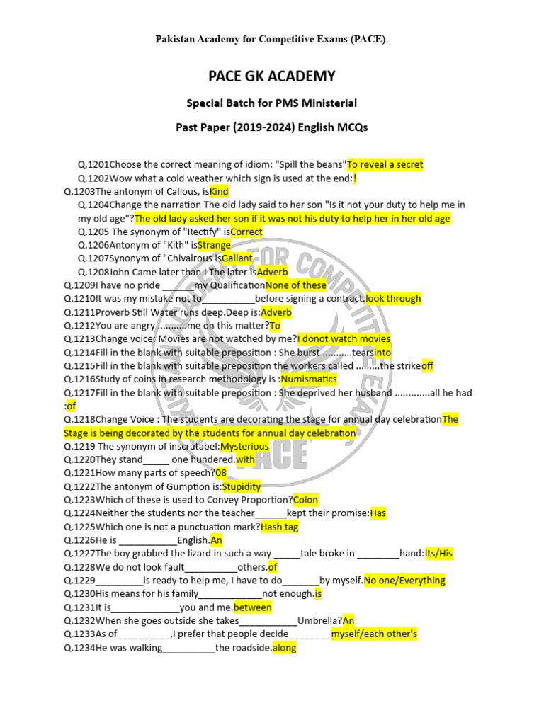 PACE Academy English MCQs Guide | PDF | Linguistics | Grammar