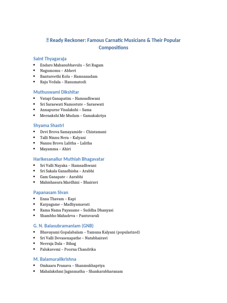 Famous Carnatic Musicians and Songs Ready Reckoner | PDF