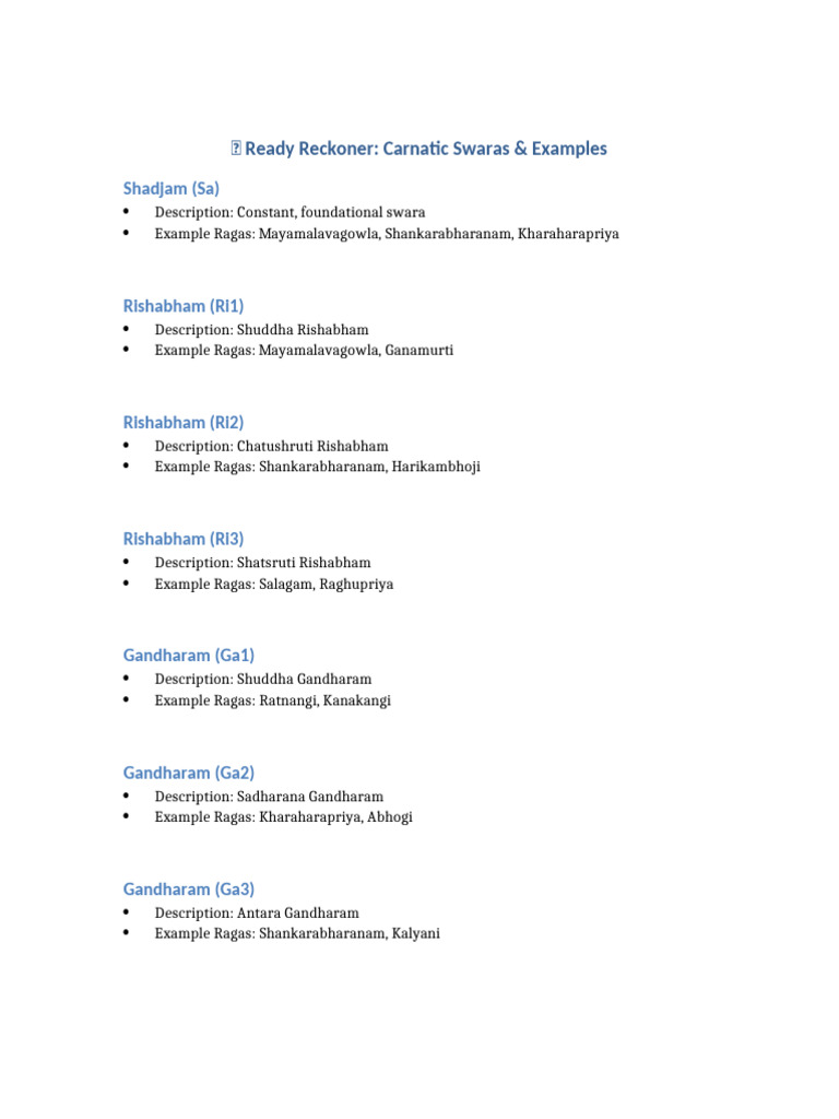 Carnatic Swaras Ready Reckoner | PDF