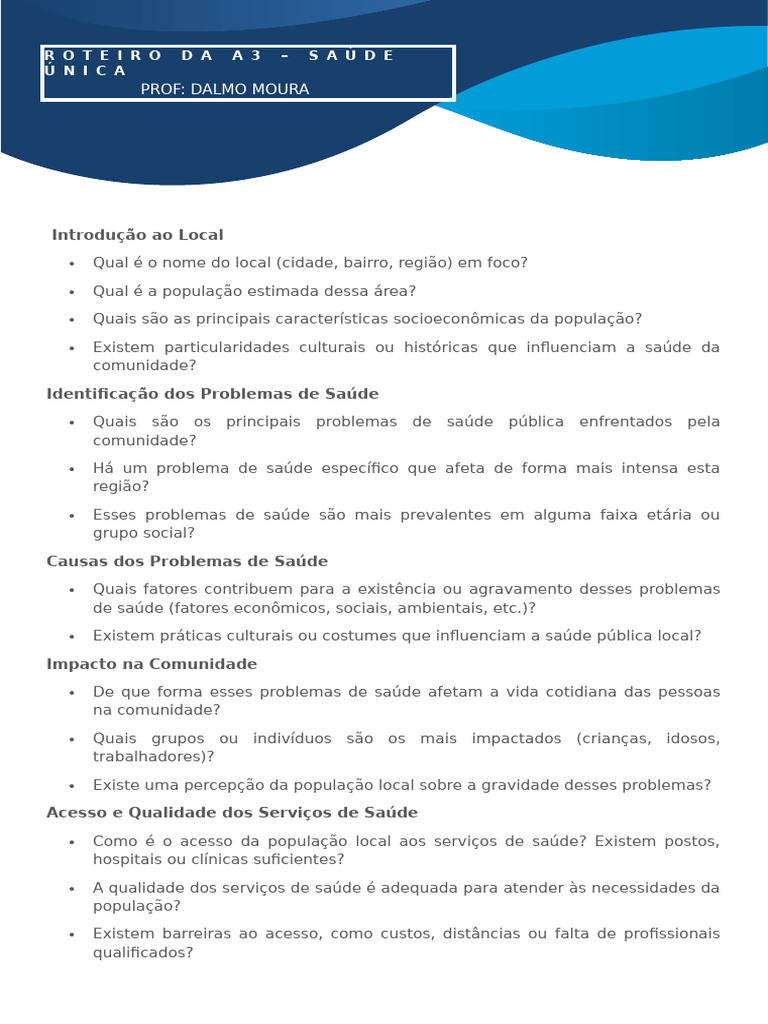 Roteiro Da A3 - Saúde Única | PDF